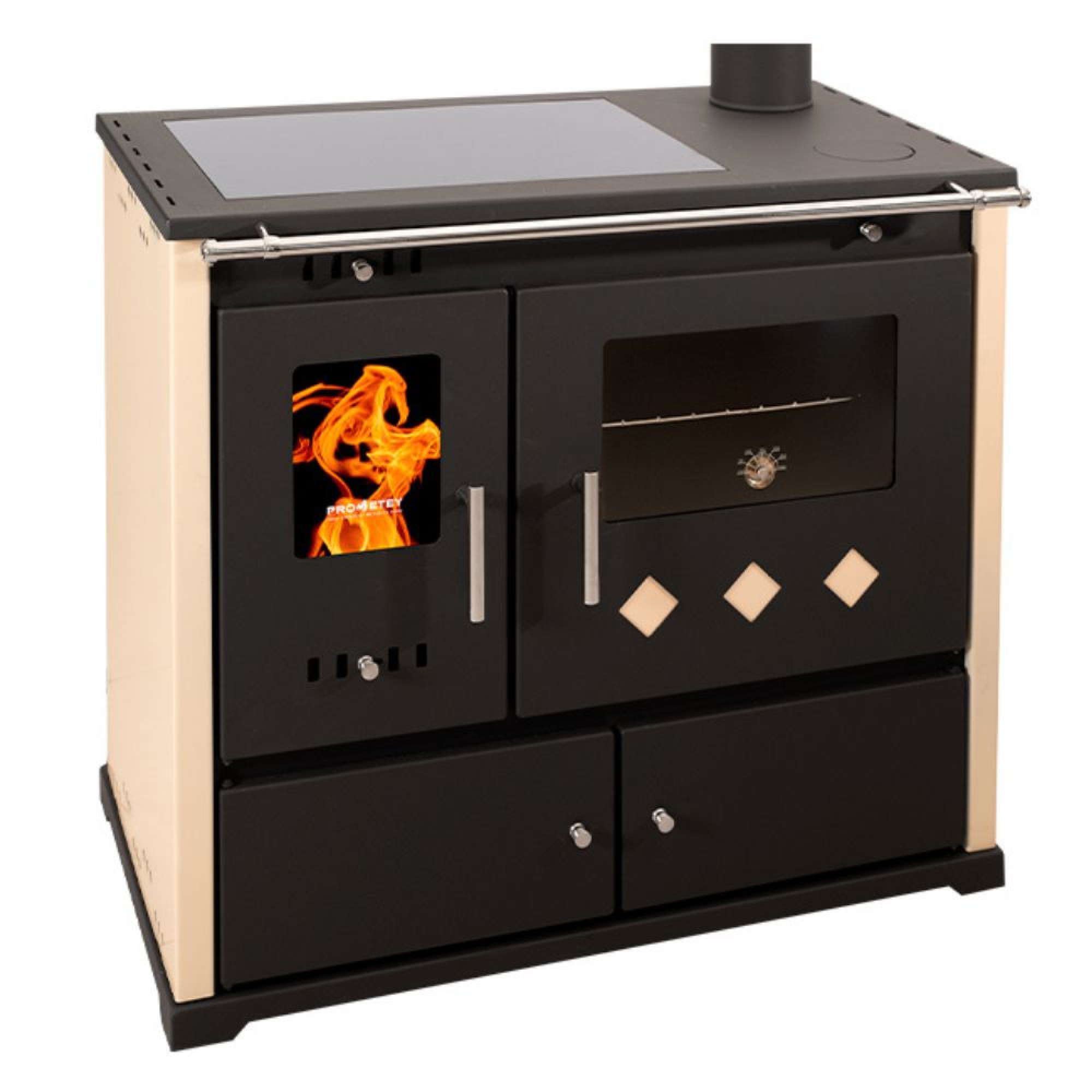 Готварска печка на дърва Прометей Практик Лукс с керамичен плот, десен димоотвод, слонова кост ...