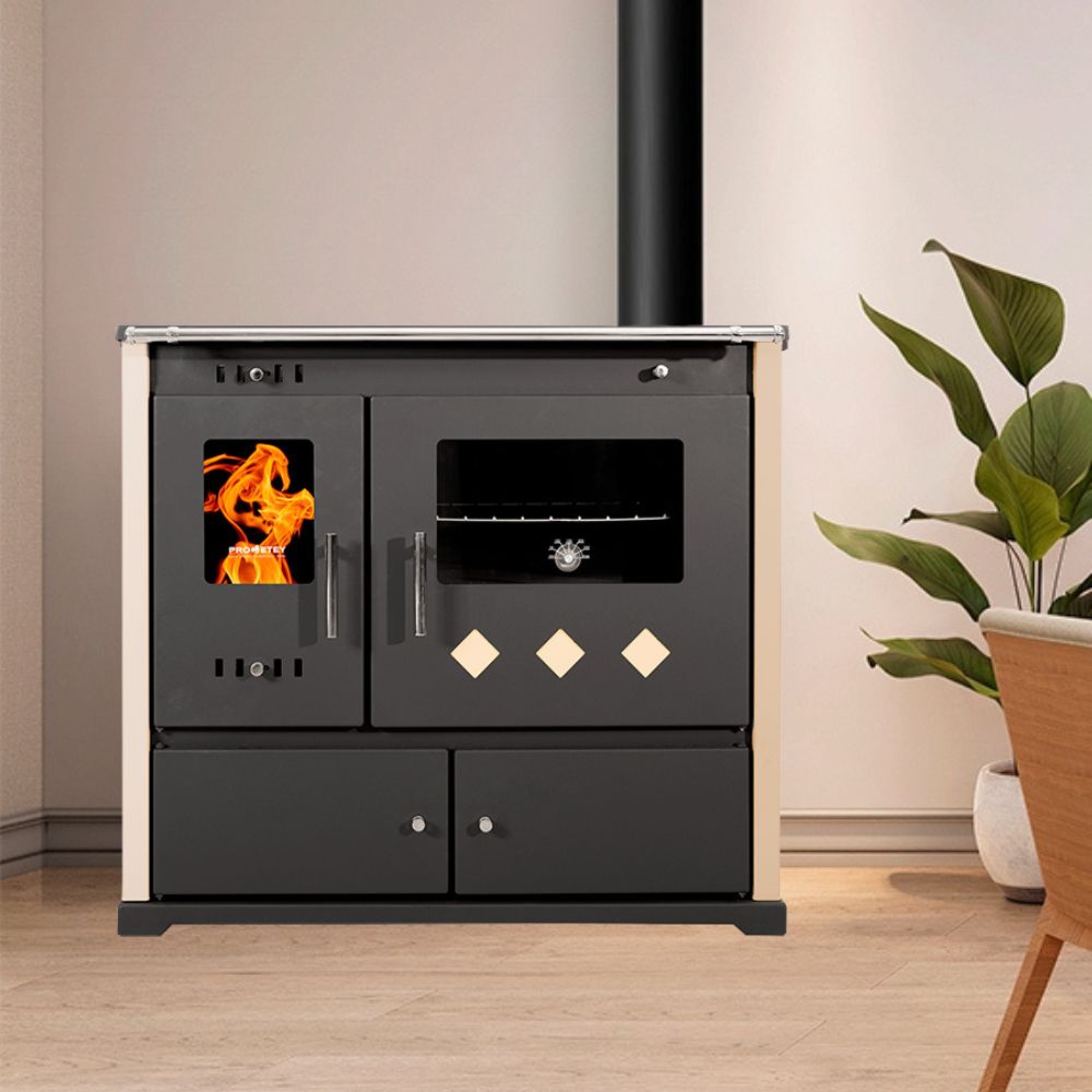 Готварска печка на дърва Прометей Практик Лукс с керамичен плот, десен димоотвод, слонова кост ...